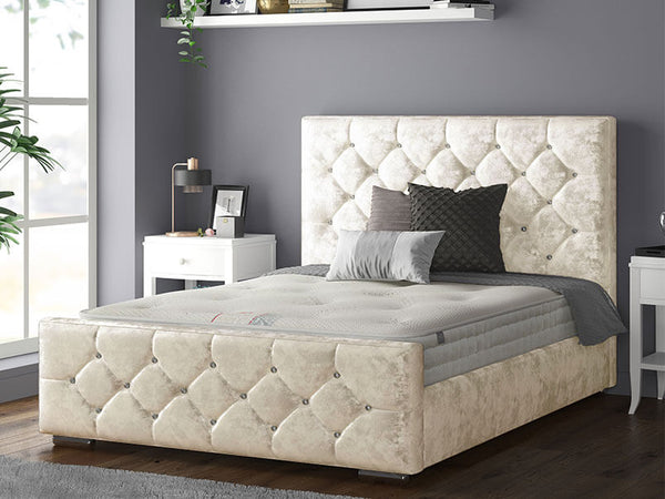 Belle Chesterfield Bed Frame with Diamonds in Crushed Velvet Cream Godotti