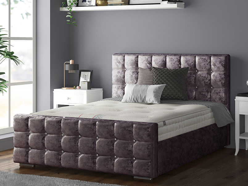 Cube Chesterfield Bed Frame with Diamonds in Crushed Velvet | Godotti.com
