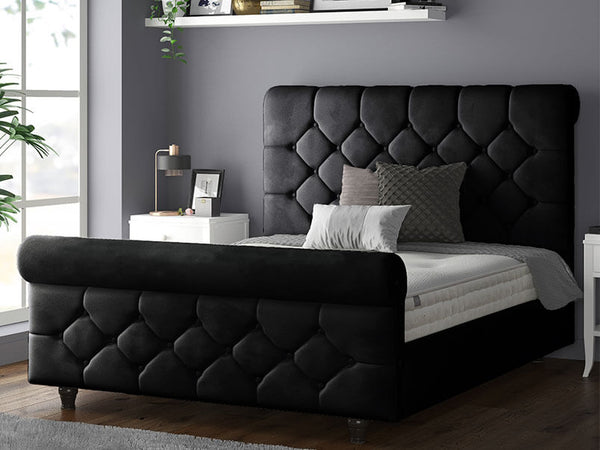 Black upholstered sleigh bed store